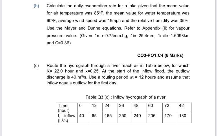 Solved (b) Calculate the daily evaporation rate for a lake | Chegg.com