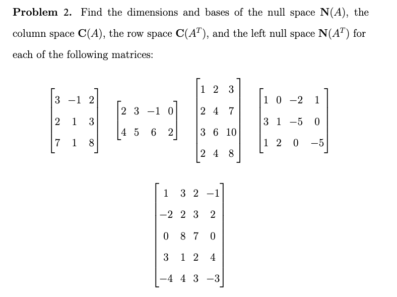Problem 2. ﻿Find the dimensions and bases of the null | Chegg.com