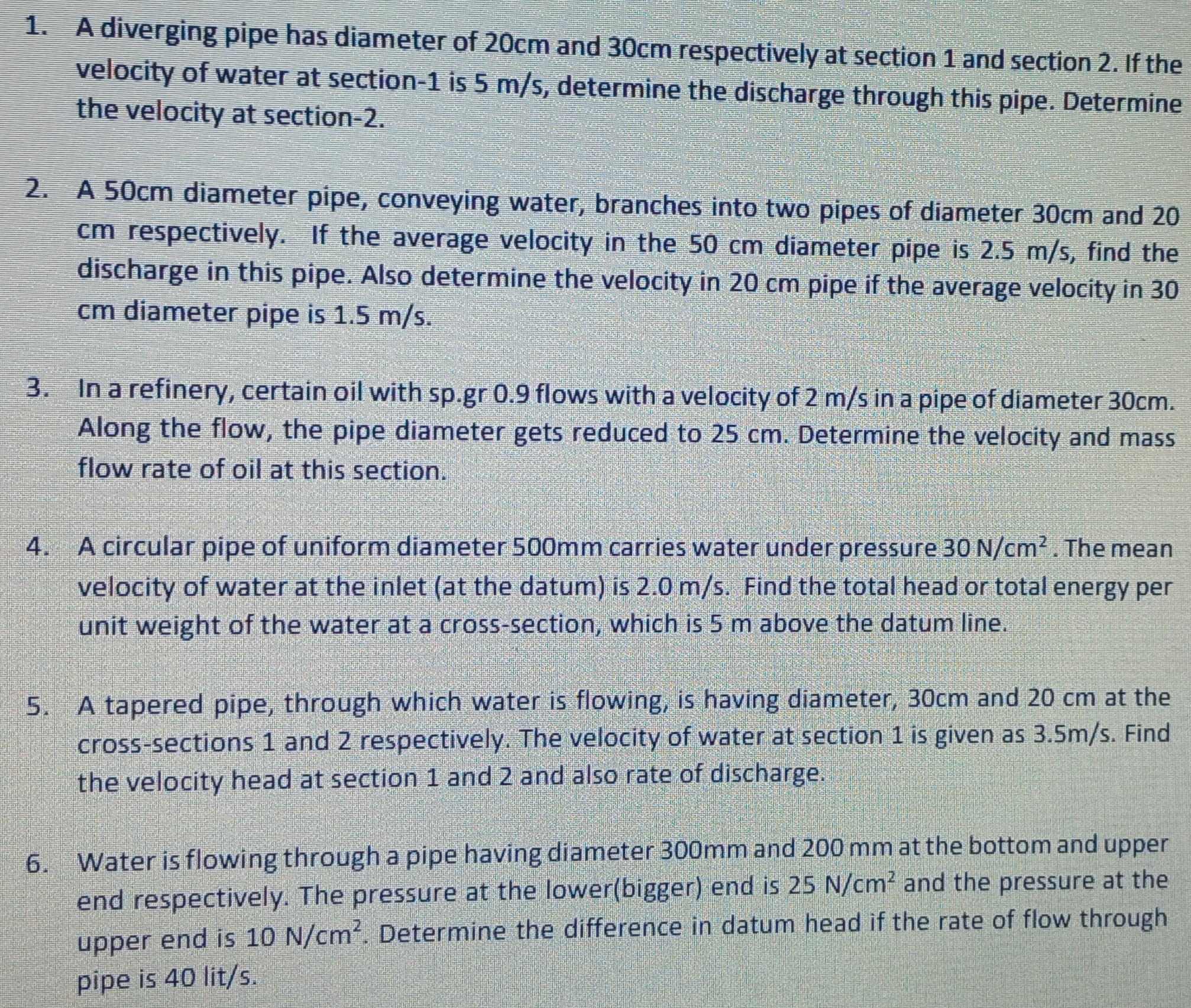 Solved 1. A diverging pipe has diameter of \\( 20 | Chegg.com