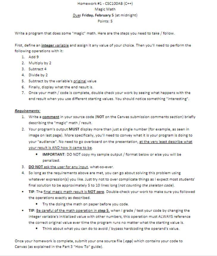 Solved Homework 1 Csc100ab C Magic Math Due Friday