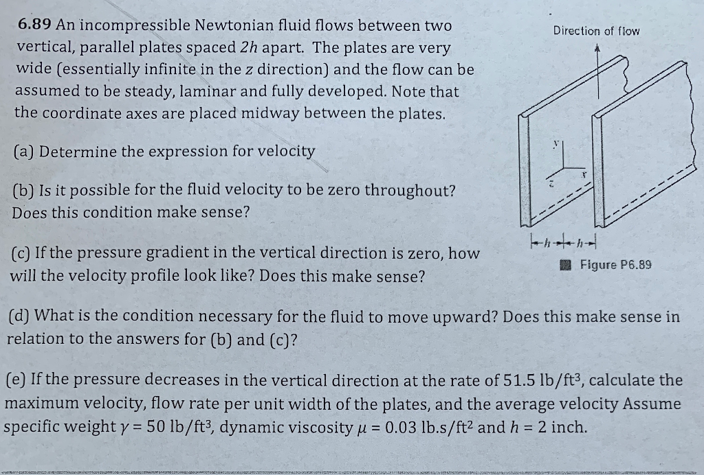 Solved 6.89 An incompressible Newtonian fluid flows between | Chegg.com