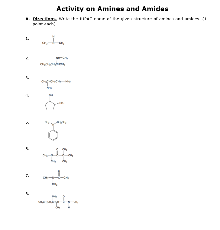 Solved Activity on Amines and Amides A. Directions. Write | Chegg.com