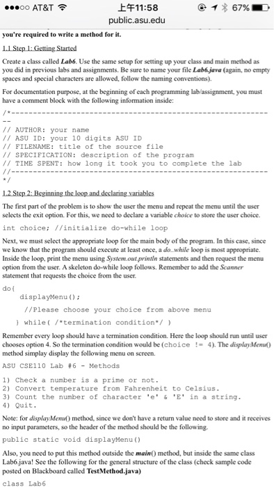 Solved F11:58 ooo AT&T 67% public asu.edu ASU CSE 110 Lab 6 | Chegg.com