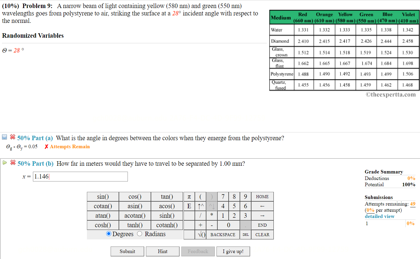 Solved (10%) Problem 9: A narrow beam of light containing | Chegg.com