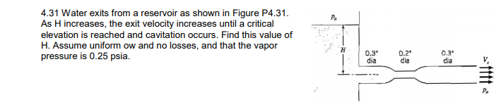 Solved PA 4.31 Water exits from a reservoir as shown in | Chegg.com