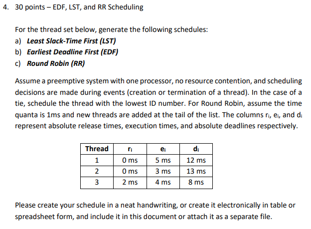 Solved 4. 30 points - EDF, LST, and RR Scheduling For the | Chegg.com