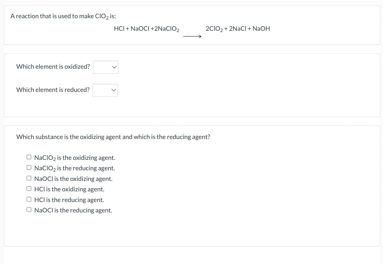 A reaction that is used to make ClO2 is: HCI + NaOCI | Chegg.com