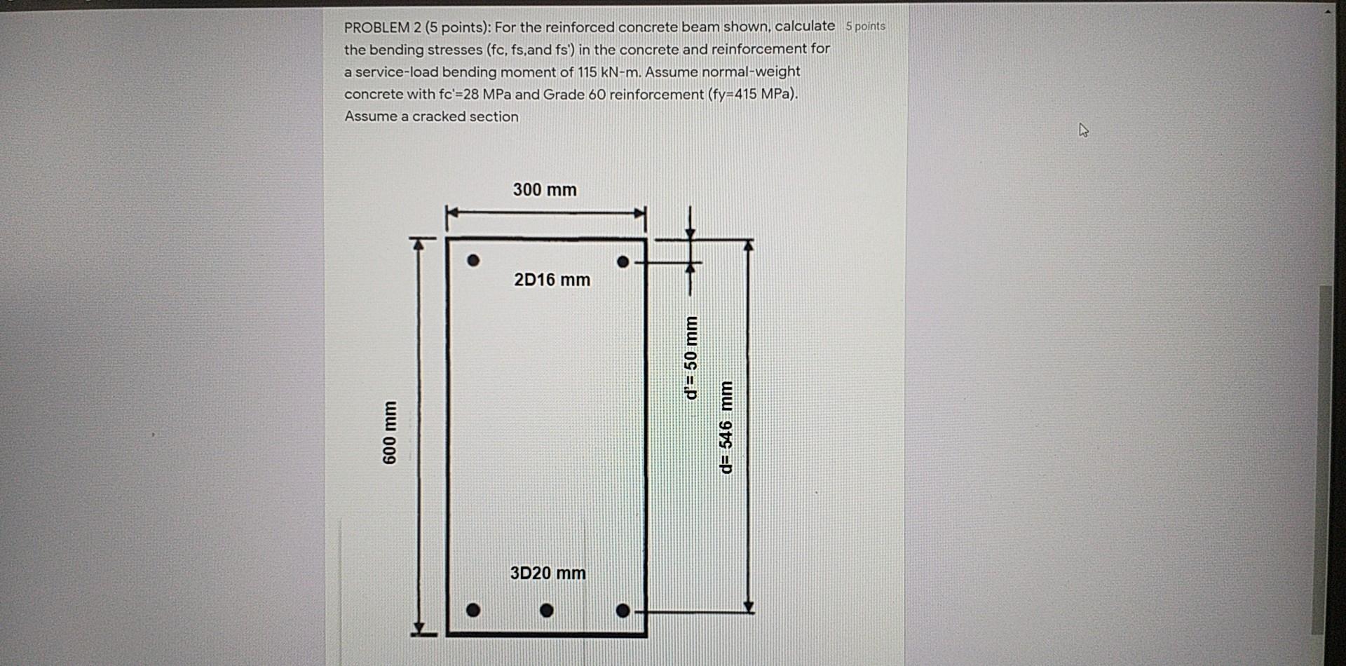 Solved PROBLEM 2 (5 points): For the reinforced concrete | Chegg.com