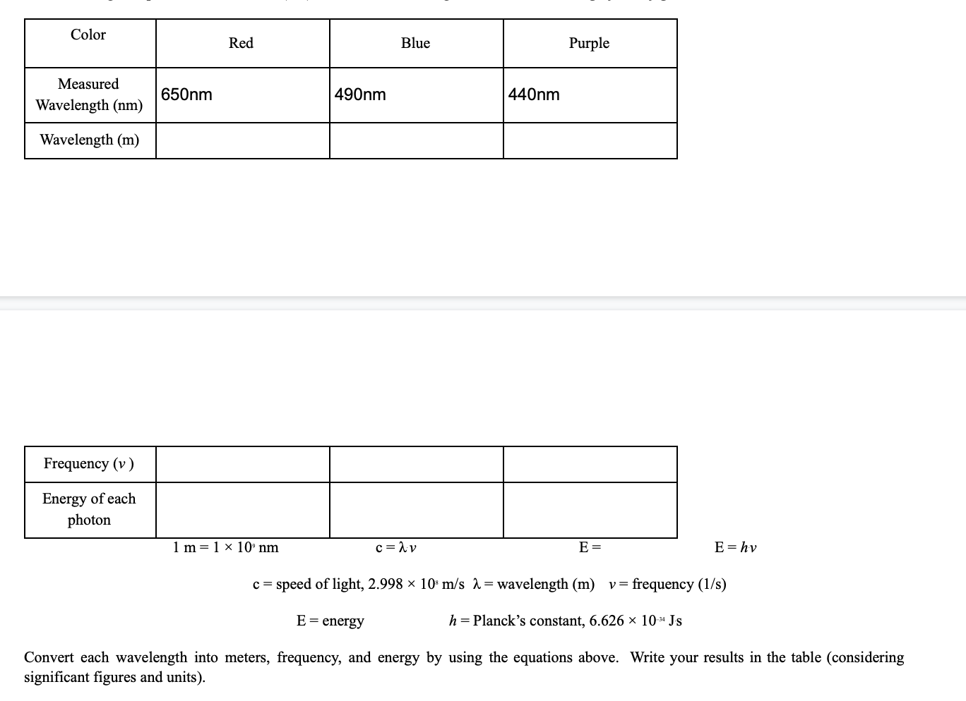Solved Color Red Blue Purple Measured Wavelength (nm) 650nm | Chegg.com