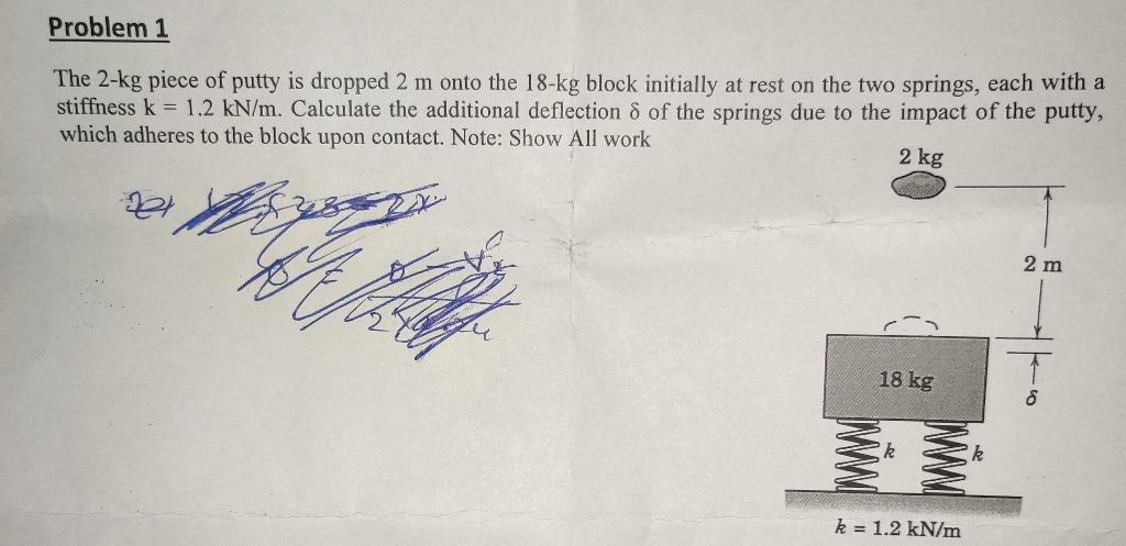 Solved Problem 1 The 2-kg piece of putty is dropped 2 m onto | Chegg.com