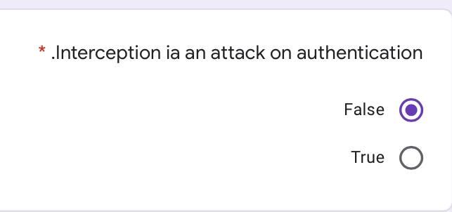 Solved * Interception ia an attack on authentication False | Chegg.com