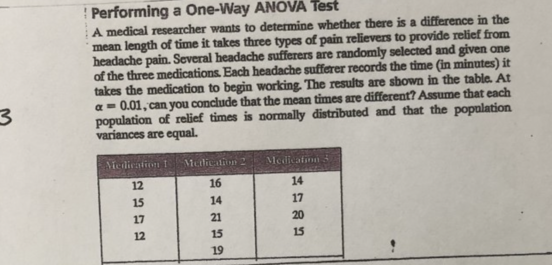 Solved Performing a One-Way ANOVA Test A medical researcher | Chegg.com