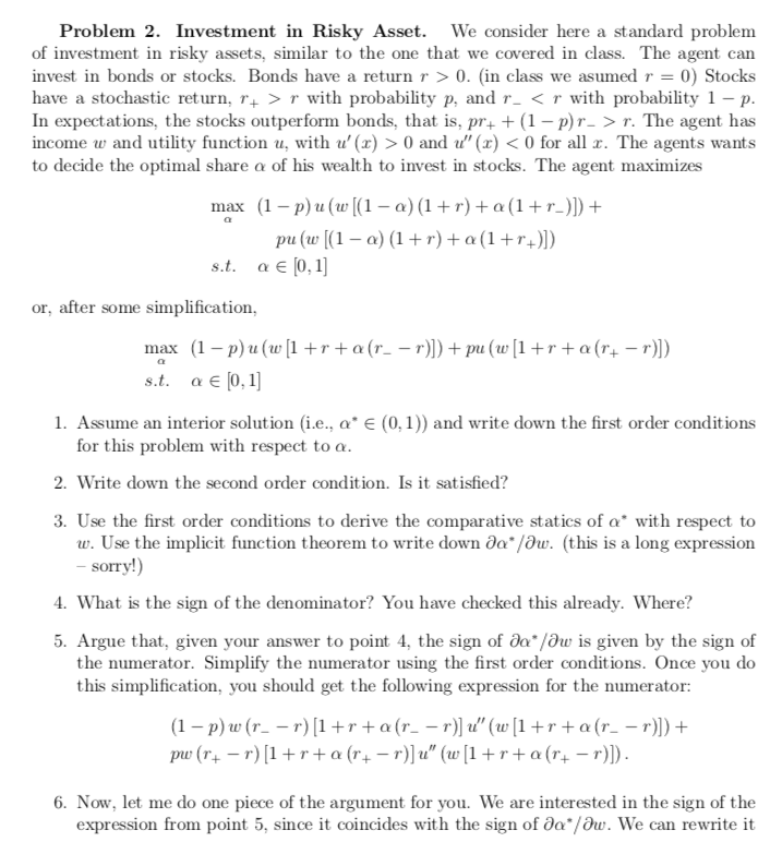 Problem 2. Investment in Risky Asset. We consider | Chegg.com