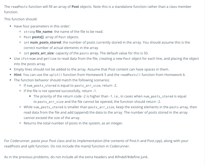 Solved The readPosts function will fill an array of Post | Chegg.com