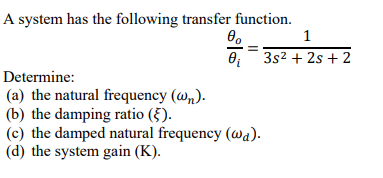 Solved A system has the following transfer function. 1 0; | Chegg.com