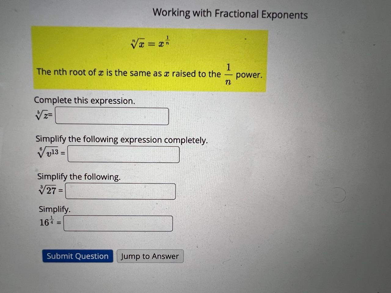 Solved Working with Fractional Exponents nx=xn1 The nth root | Chegg.com