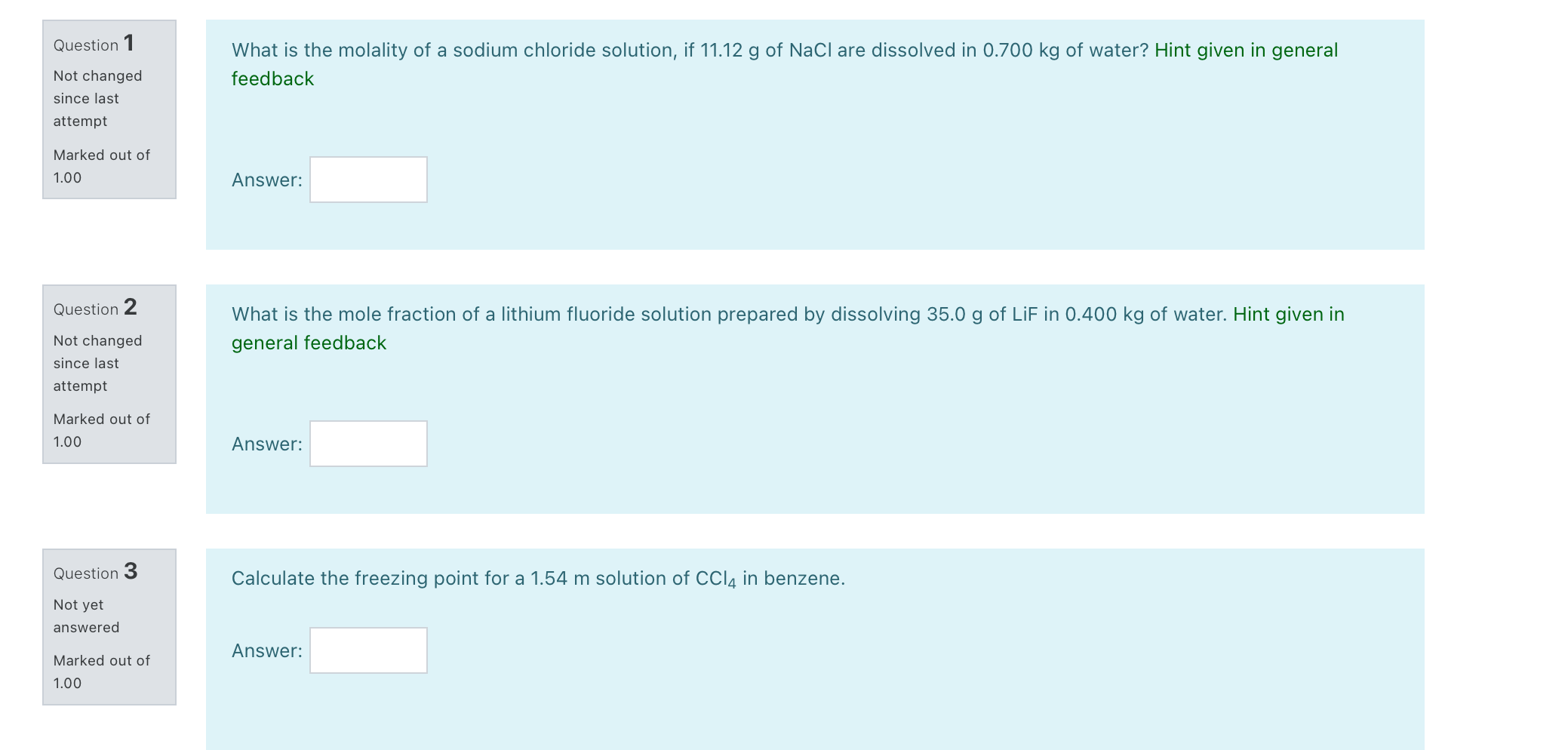 Solved Question 1 What is the molality of a sodium chloride | Chegg.com