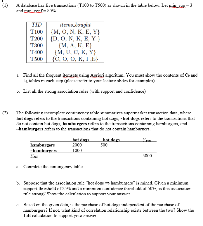 Solved (1)A database has five transactions (T100 to T500) as | Chegg.com