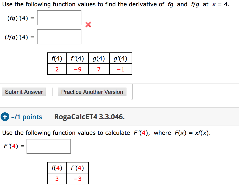 Solved Use the following function values to find the | Chegg.com