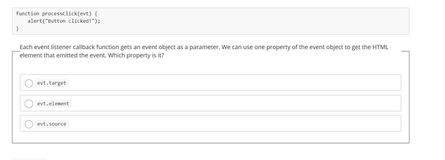 Solved function processclick(evt) { alert("Button | Chegg.com