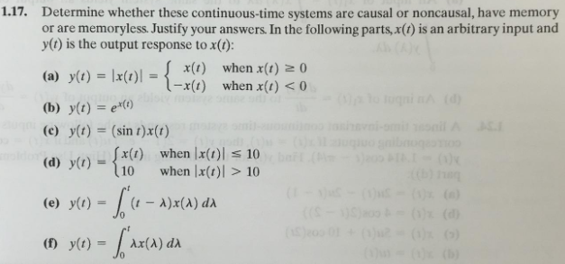 Solved 1.17. Determine whether these continuous-time systems | Chegg.com