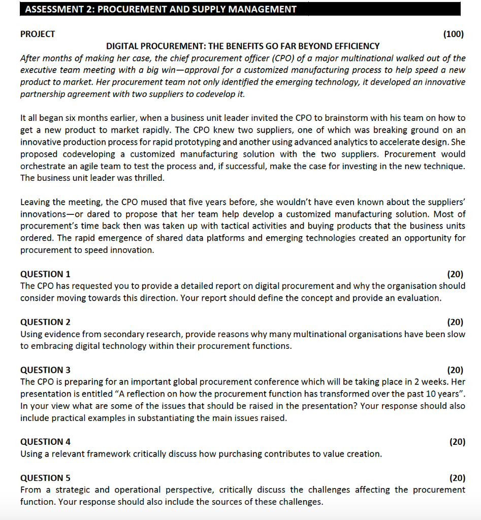 Solved ASSESSMENT 2: PROCUREMENT AND SUPPLY MANAGEMENT | Chegg.com