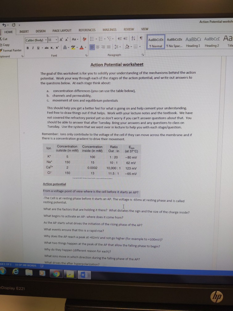 Action Potential worksh REFERENCES MAILINGS REVIEW | Chegg.com
