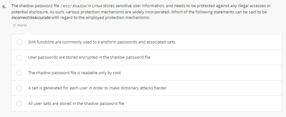 Solved 6. The shadow password file /etc/shadow in Linux | Chegg.com