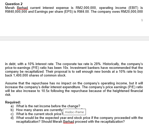 Solved Question 2 Merah Berhad current interest expense is | Chegg.com