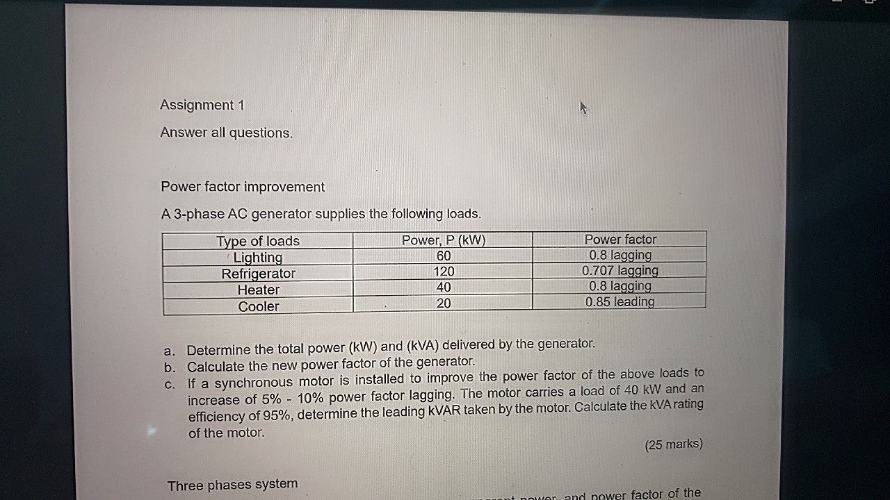 Solved Power factor improvement A 3-phase AC generator | Chegg.com