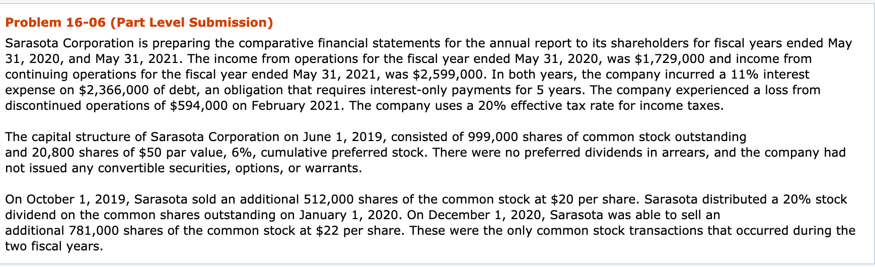 Solved Problem 16-06 (Part Level Submission) Sarasota | Chegg.com