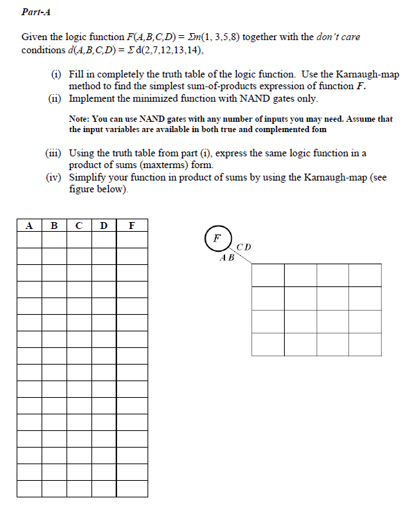 Solved Part-4 Given the logic function F(A,B,C,D) = | Chegg.com