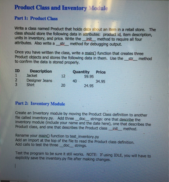 Solved Product Class and Inventory Module Part 1: Product | Chegg.com
