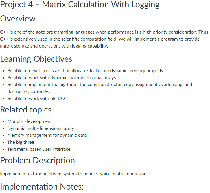 Project 4 - Matrix Calculation With Logging Overview | Chegg.com