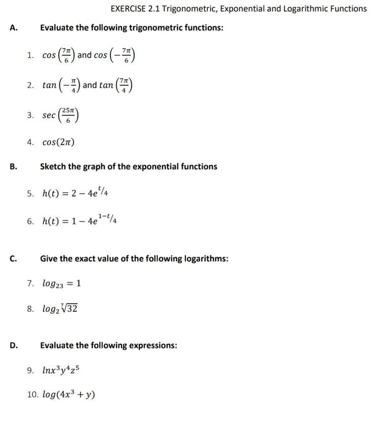 Solved EXERCISE 2.1 Trigonometric, Exponential and | Chegg.com