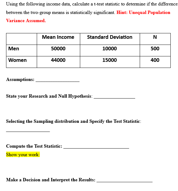 Solved Using the following income data, calculate a t-test | Chegg.com