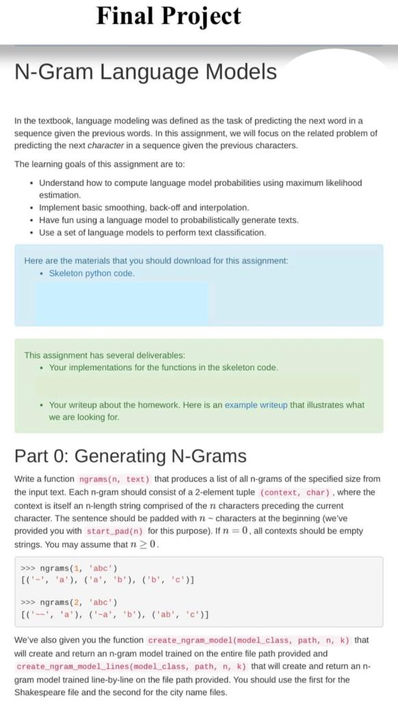 Solved Final Project N-Gram Language Models In the textbook, | Chegg.com
