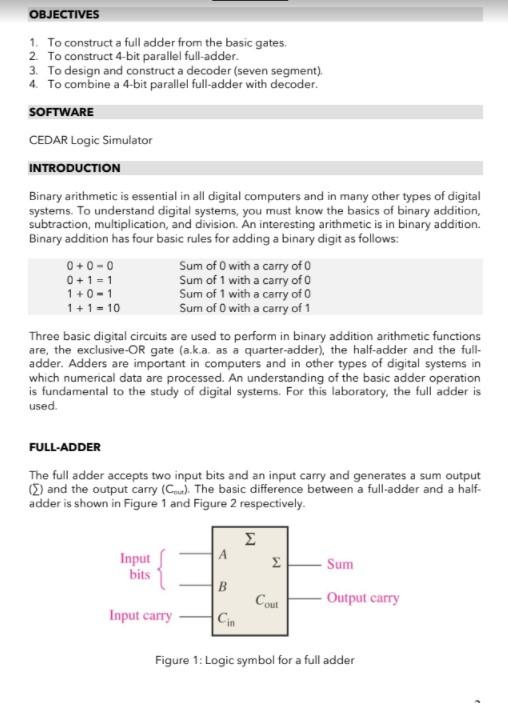 Solved OBJECTIVES 1. To construct a full adder from the | Chegg.com