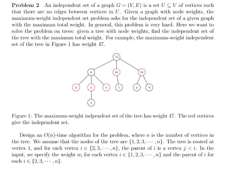 Solved Problem 2 An independent set of a graph G=(V,E) is a | Chegg.com