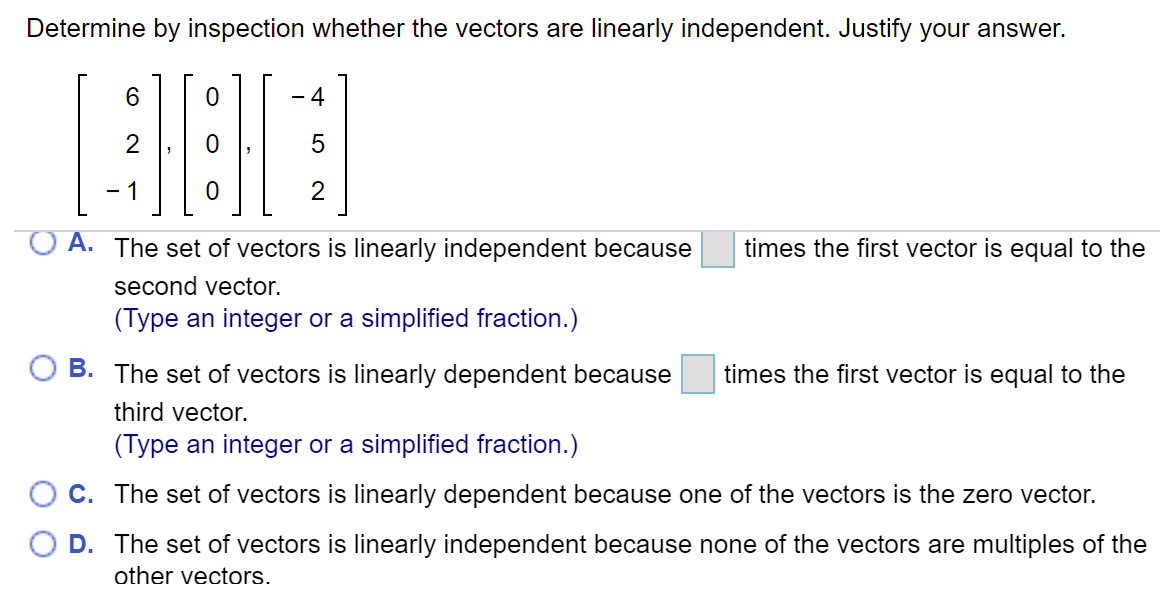 Solved Determine by inspection whether the vectors are | Chegg.com