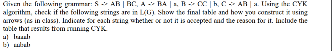 Solved Given the following grammar: S -> AB | BC, A -> BA | | Chegg.com