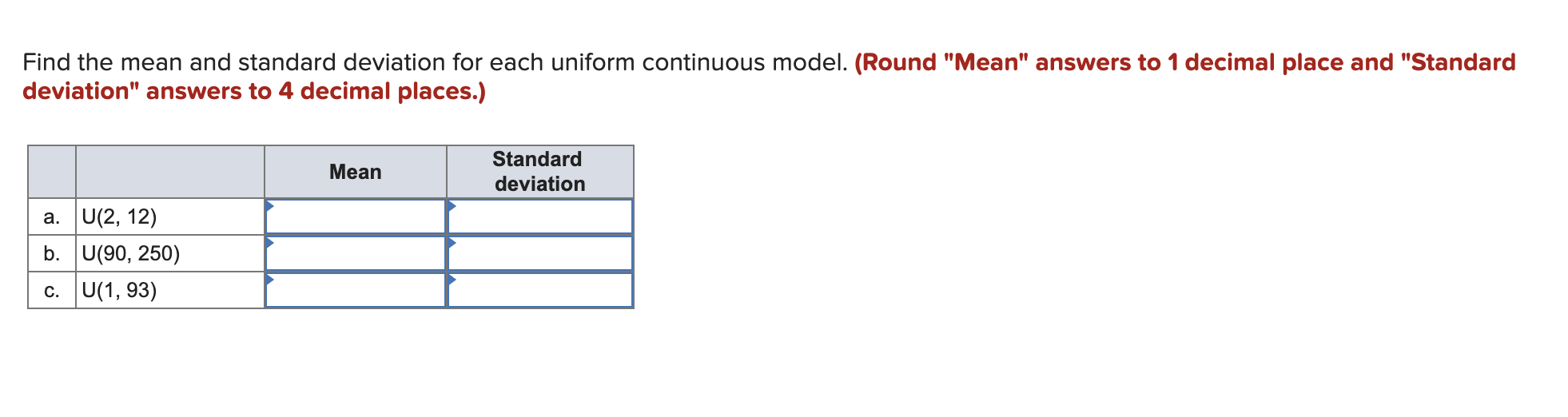 Solved Find the mean and standard deviation for each uniform | Chegg.com