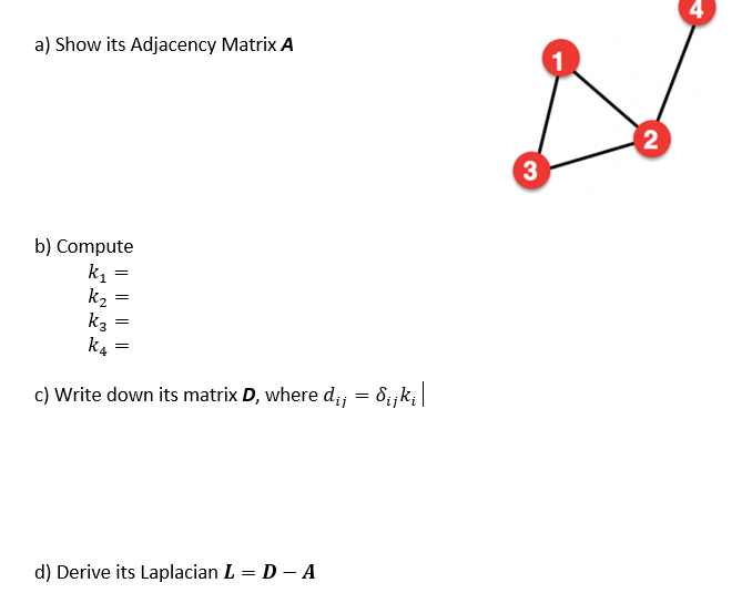Solved 4 a) Show its Adjacency Matrix A 1 2 3 b) Compute ki | Chegg.com