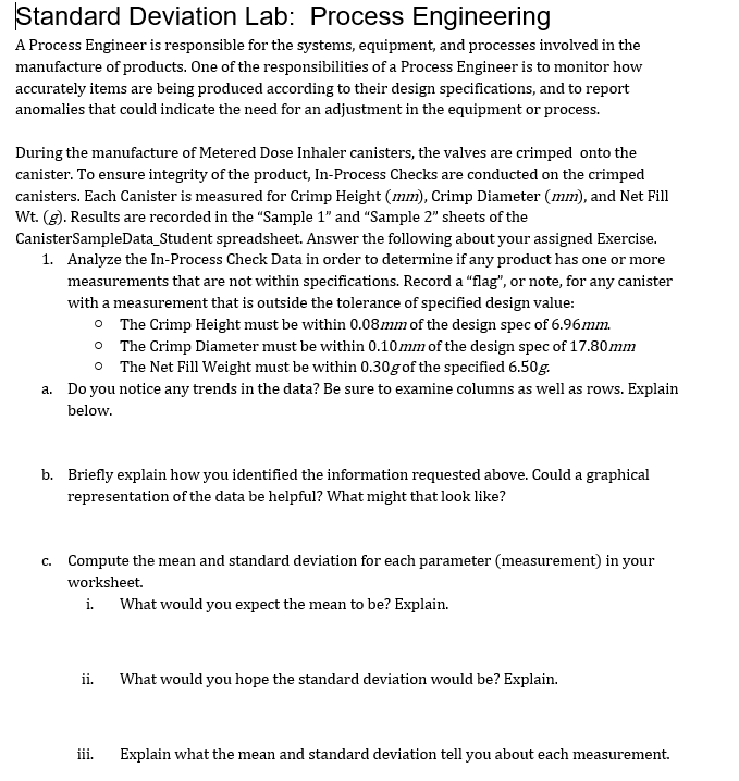Standard Deviation Lab: Process Engineering A Process | Chegg.com