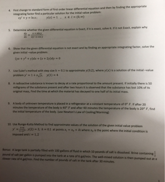 Solved First change to standard form of first order linear | Chegg.com
