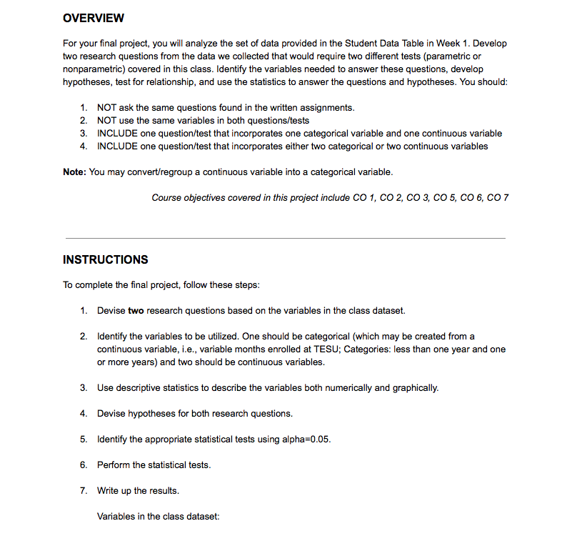 Solved OVERVIEW For your final project, you will analyze the | Chegg.com