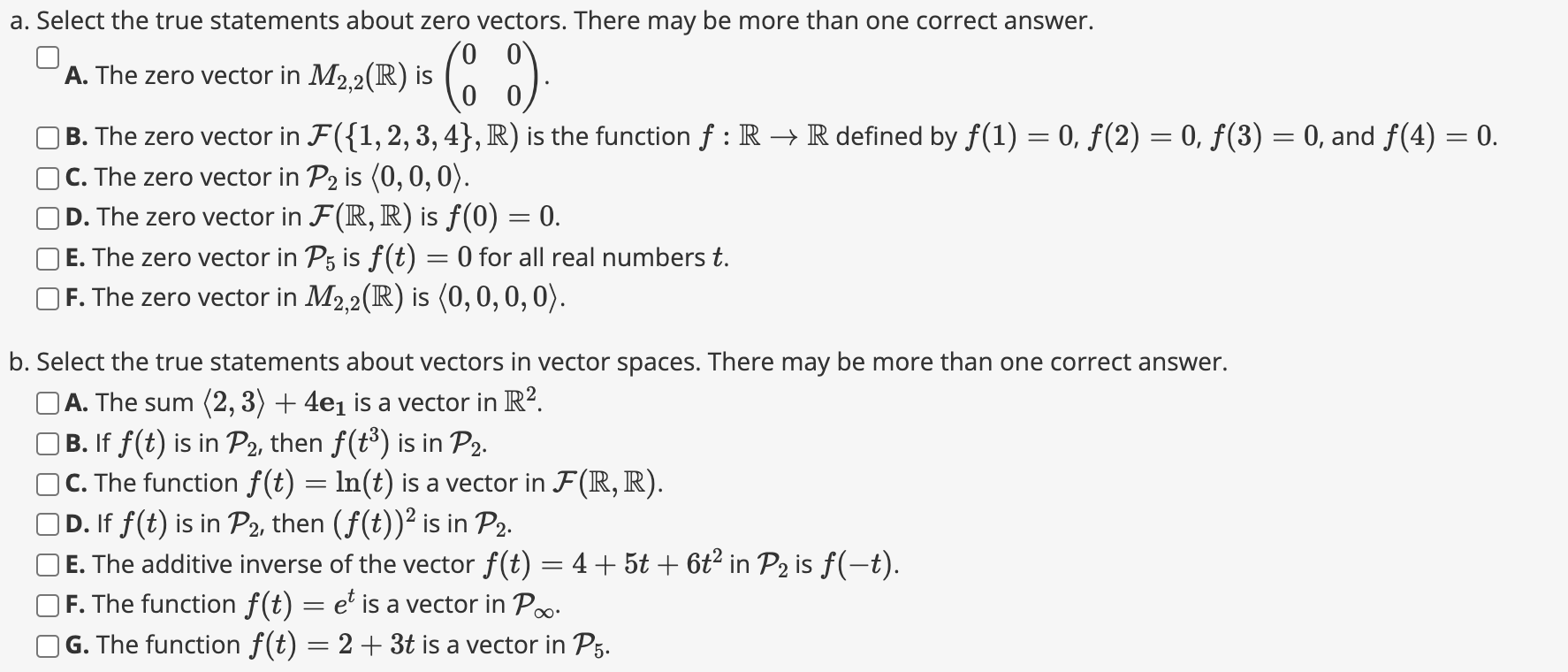 Solved a. Select the true statements about zero vectors. | Chegg.com