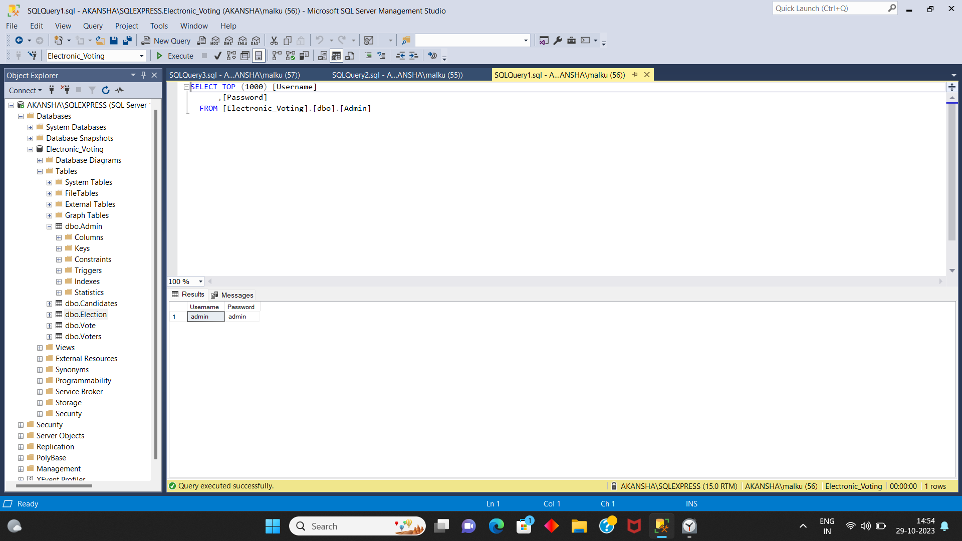 Solved SQLQuery3.sqI - AKANSHA\SQLEXPRESS.Electronic_Voting | Chegg.com
