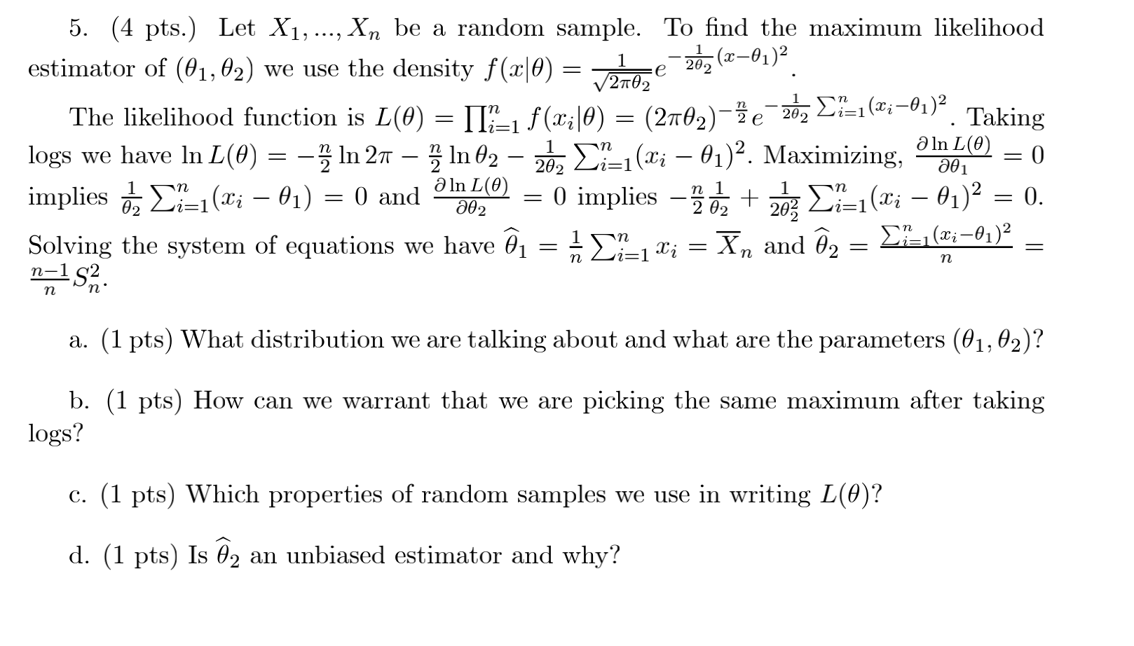 Solved 5. (4 pts.) Let X1,…,Xn be a random sample. To find | Chegg.com