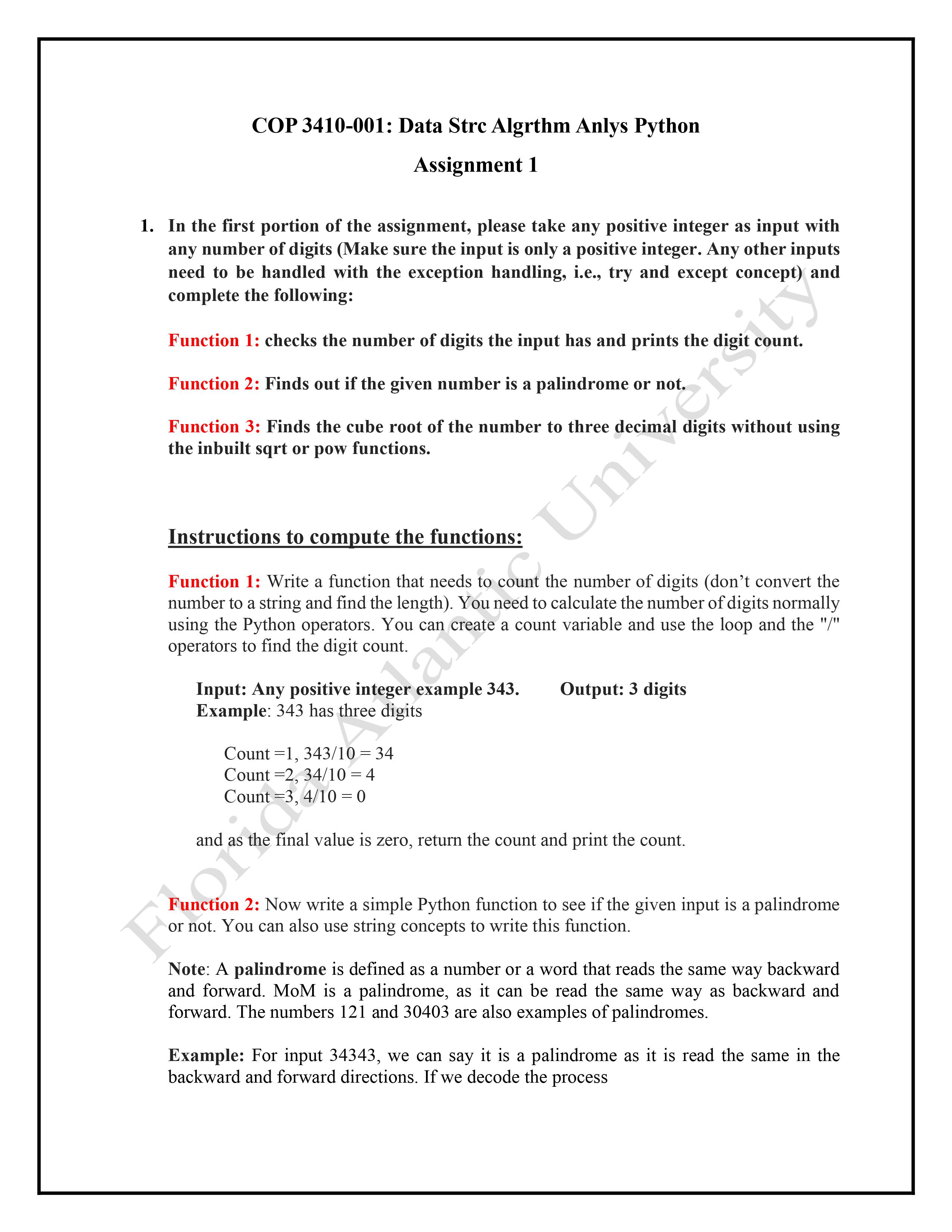 Solved COP 3410-001: Data Strc Algrthm Anlys Python | Chegg.com
